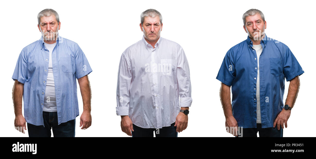 Collage of senior hoary man over white isolated backgroud skeptic and ...