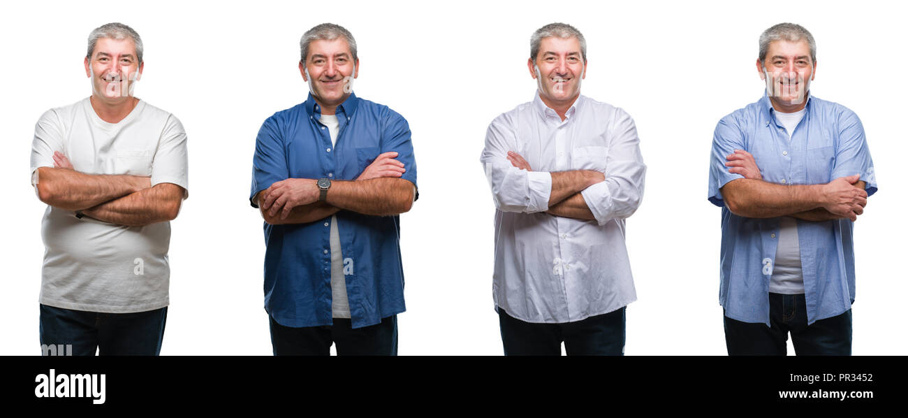 Collage of senior hoary man over white isolated backgroud happy face ...