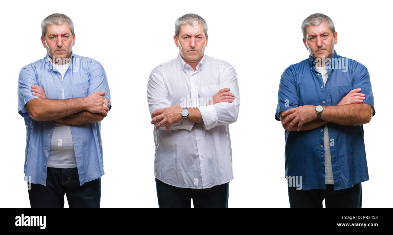 Collage of senior hoary man over white isolated backgroud skeptic and ...