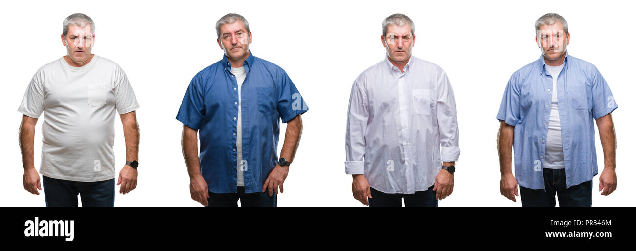 Collage of senior hoary man over white isolated backgroud skeptic and ...