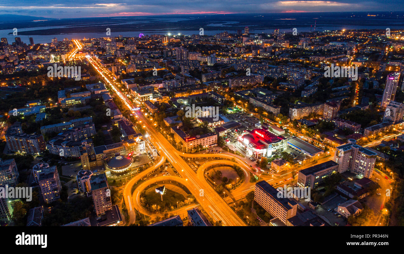 Khabarovsk street Leningrad, road junction, top view. taken by drone ...
