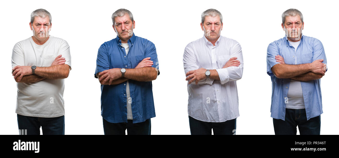 Collage of senior hoary man over white isolated backgroud skeptic and ...