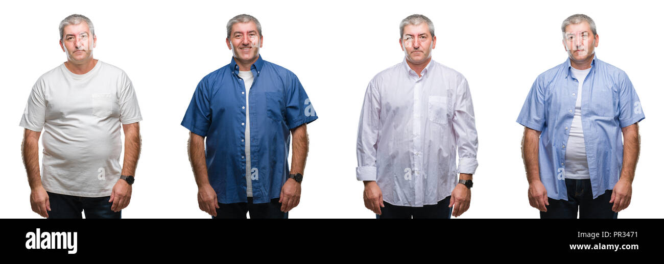 Collage of senior hoary man over white isolated backgroud with serious ...