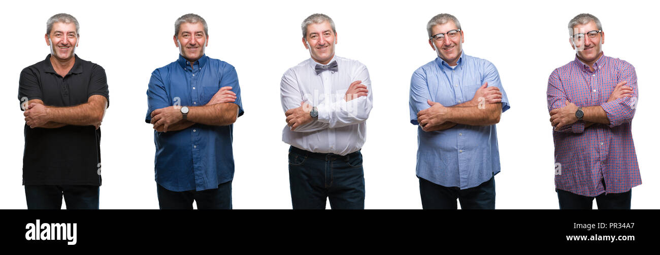 Collage of senior hoary man over white isolated backgroud happy face ...