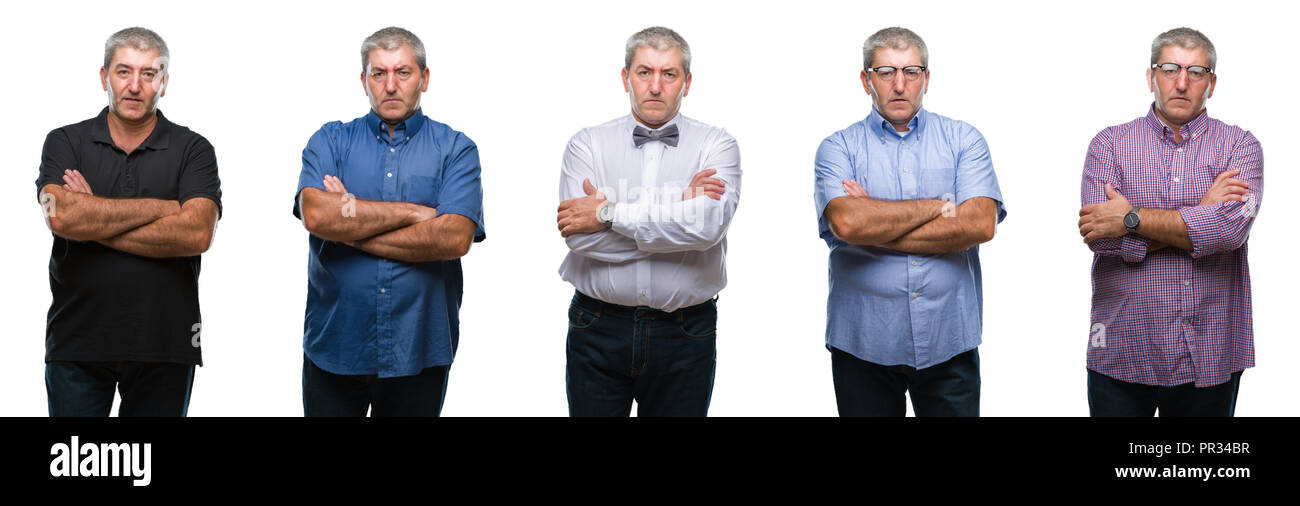 Collage of senior hoary man over white isolated backgroud skeptic and ...