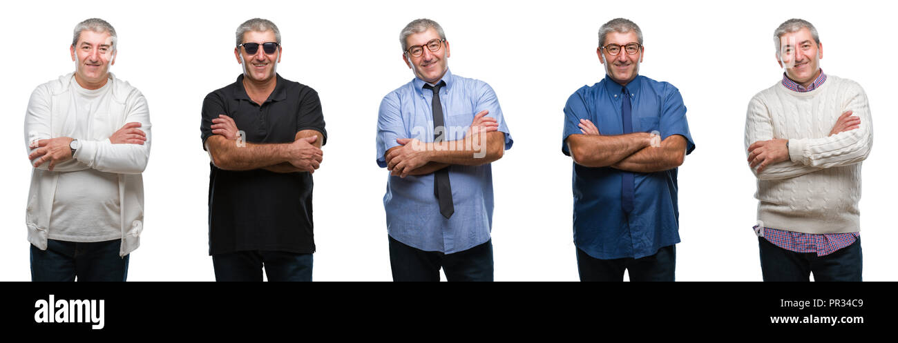 Collage of senior hoary man over white isolated backgroud happy face ...
