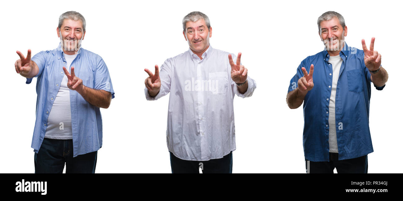 Collage of senior hoary man over white isolated backgroud smiling ...