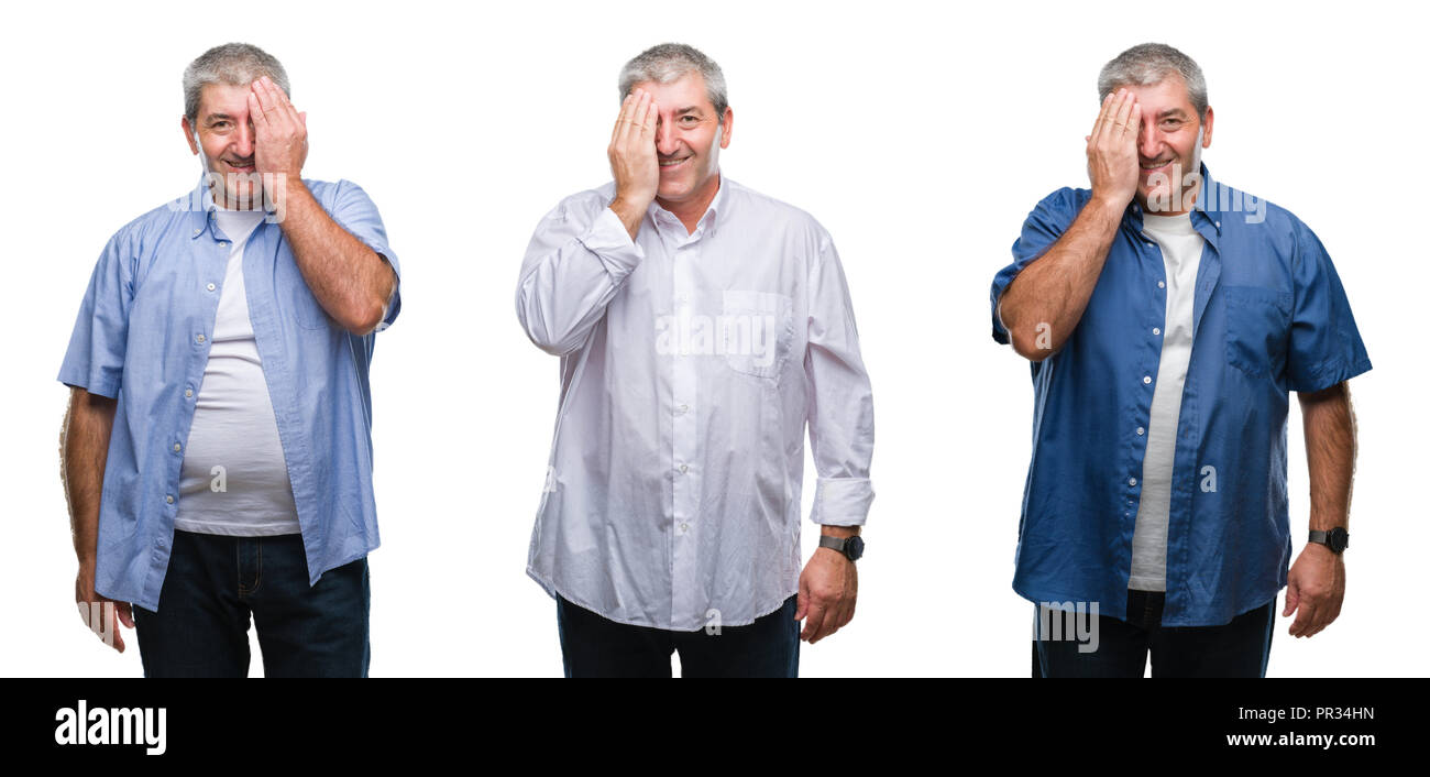 Collage of senior hoary man over white isolated backgroud covering one ...