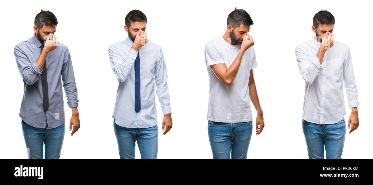 Collage of young man wearing casual look over white isolated backgroud ...