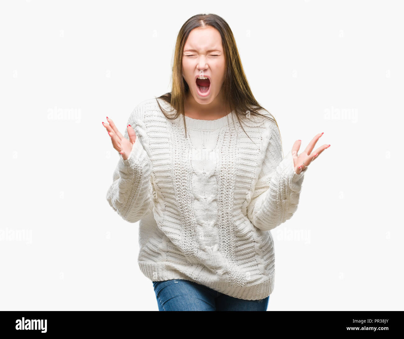 Young beautiful caucasian woman wearing winter sweater over isolated ...