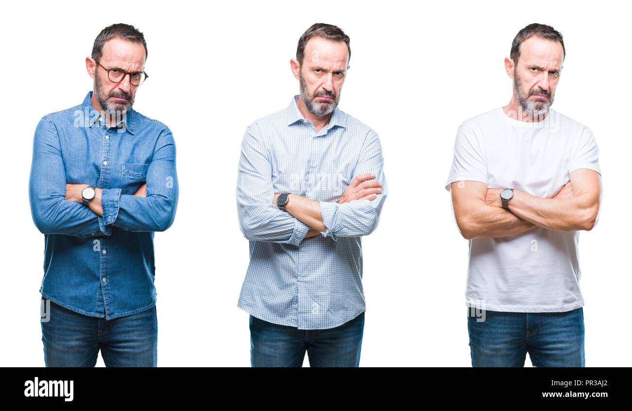 Collage of handsome senior hoary man standing over isolated background ...