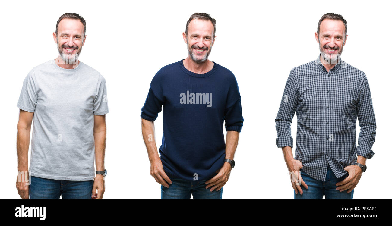 Collage of handsome senior hoary man standing over isolated background ...