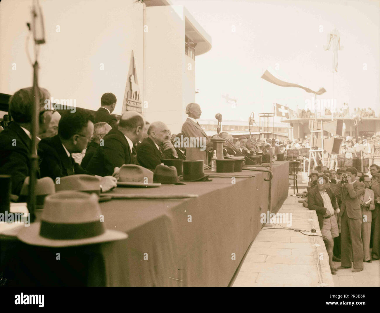 Opening of Levant Fair. Tel-Aviv Ap[ril] 30, 1936. Various at the dias. 1936, Israel, Tel Aviv ...