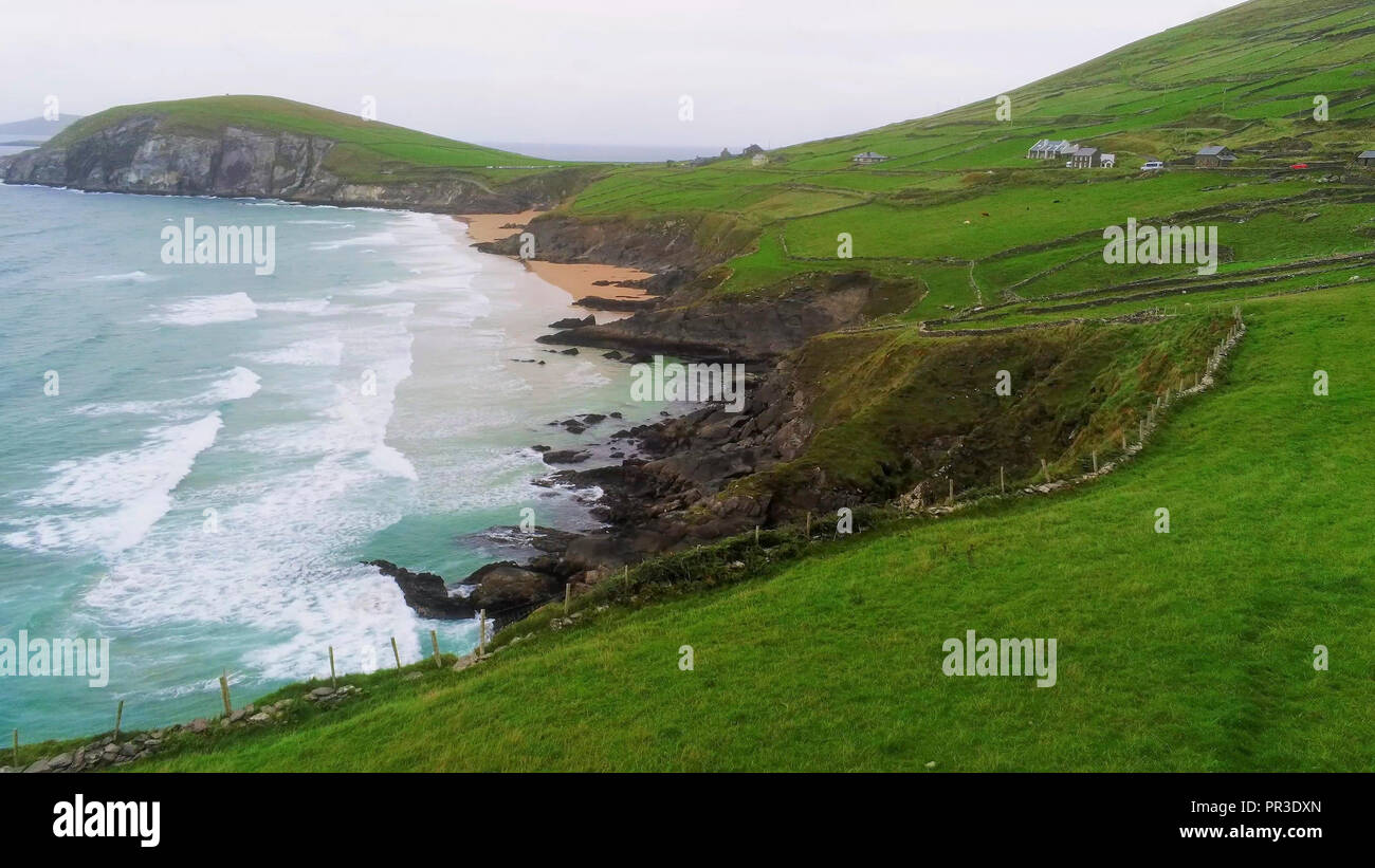 Aerial view over the amazing green Dingle Peninsula at the Irish west ...
