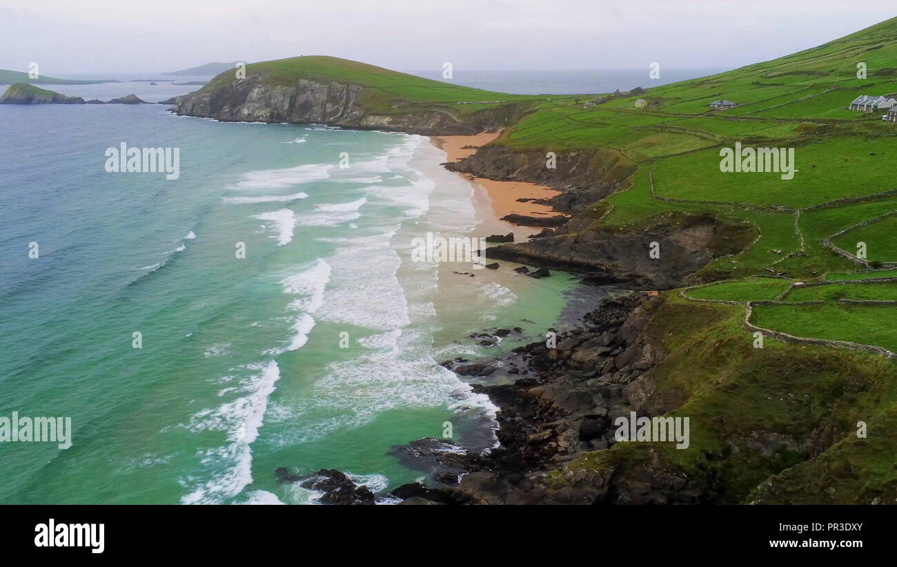 Aerial view over the bay of Dunmore Head at Dingle Peninsula in Ireland ...