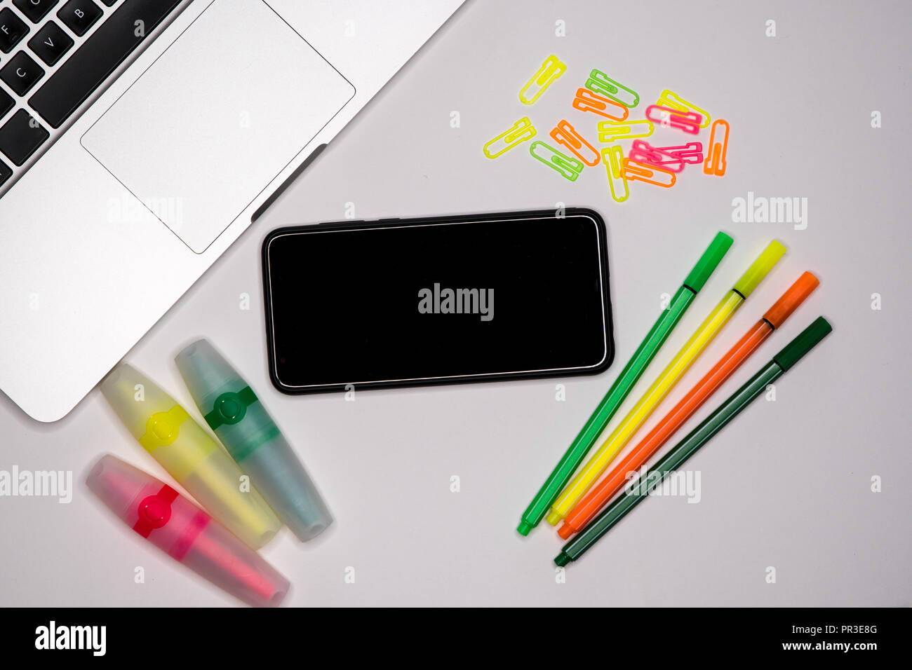 Smartphone with text space, copy space on desktop. School concept Stock ...