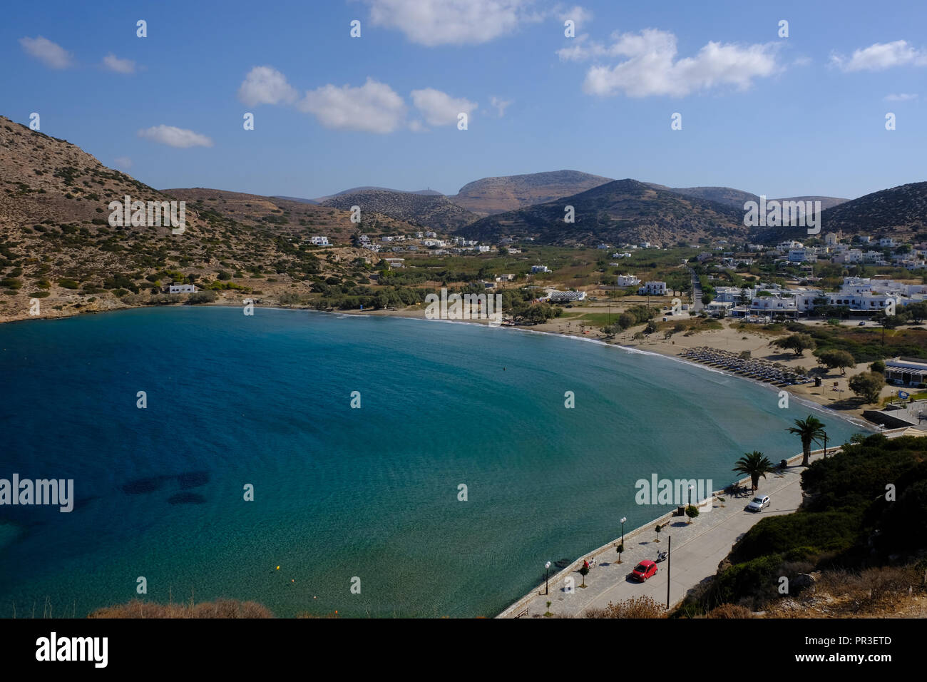 Island of Syros in greece, panorama of Galissa beach with sand land and ...