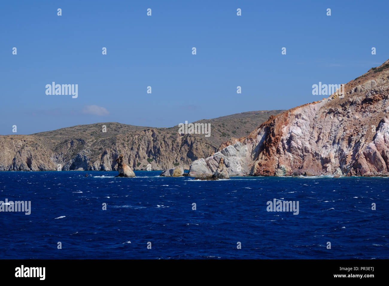 Island of Milos in greece, panorama of Fourkovouni beach with sand land ...