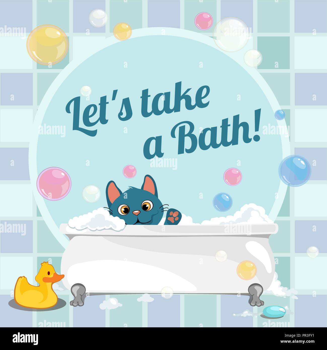 Cute poster with a swim in the bath a kitten. Vector cartoon close-up ...