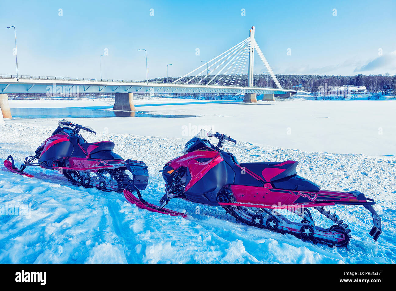 Snowmobiles at Winter Finland, Lapland at Christmas. Extreme Sport ...