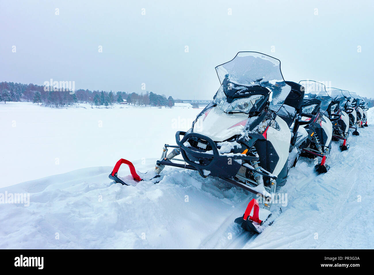Snowmobiles at Winter Finland, Lapland at Christmas. Extreme Sport ...