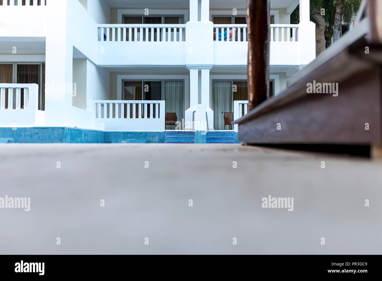 Low view perspective of a luxury tropical all inclusive hotel with ...