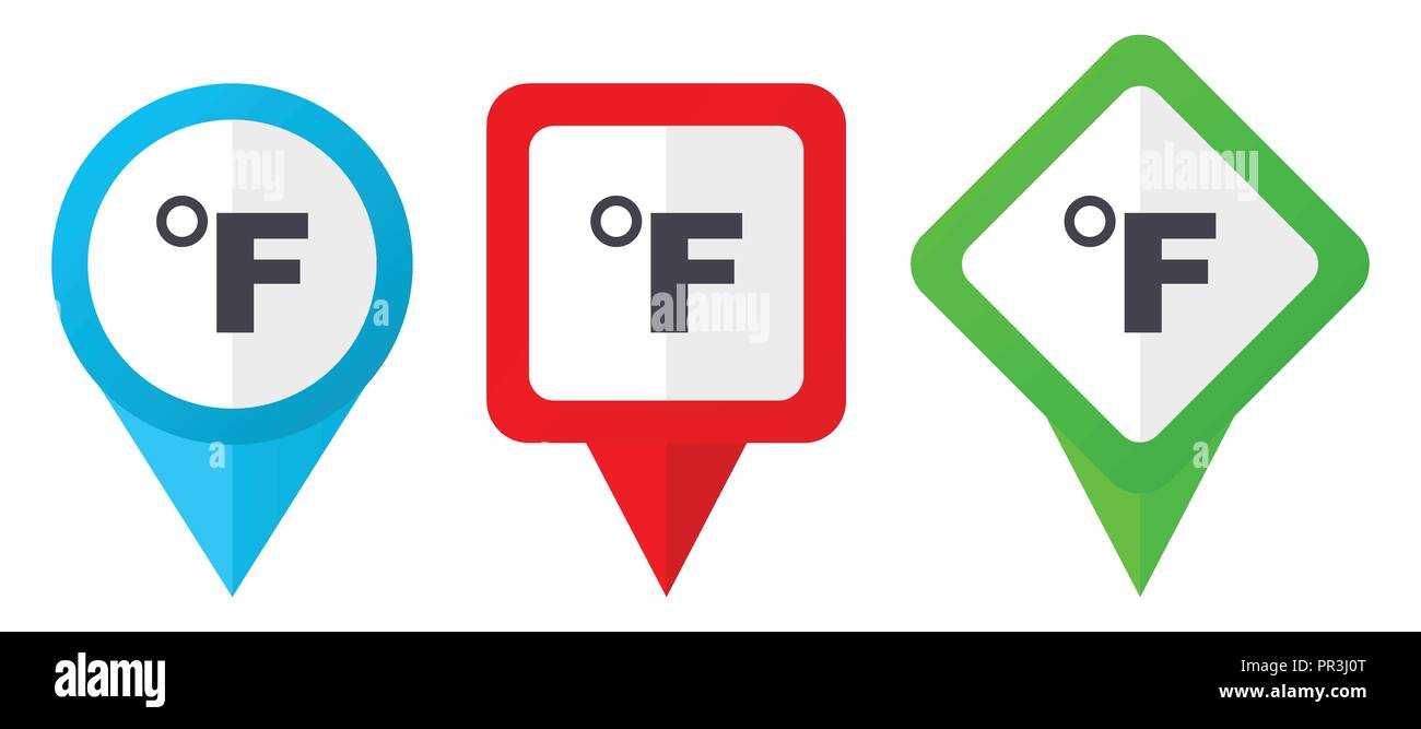 Fahrenheit red, blue and green vector pointers icons. Set of colorful ...