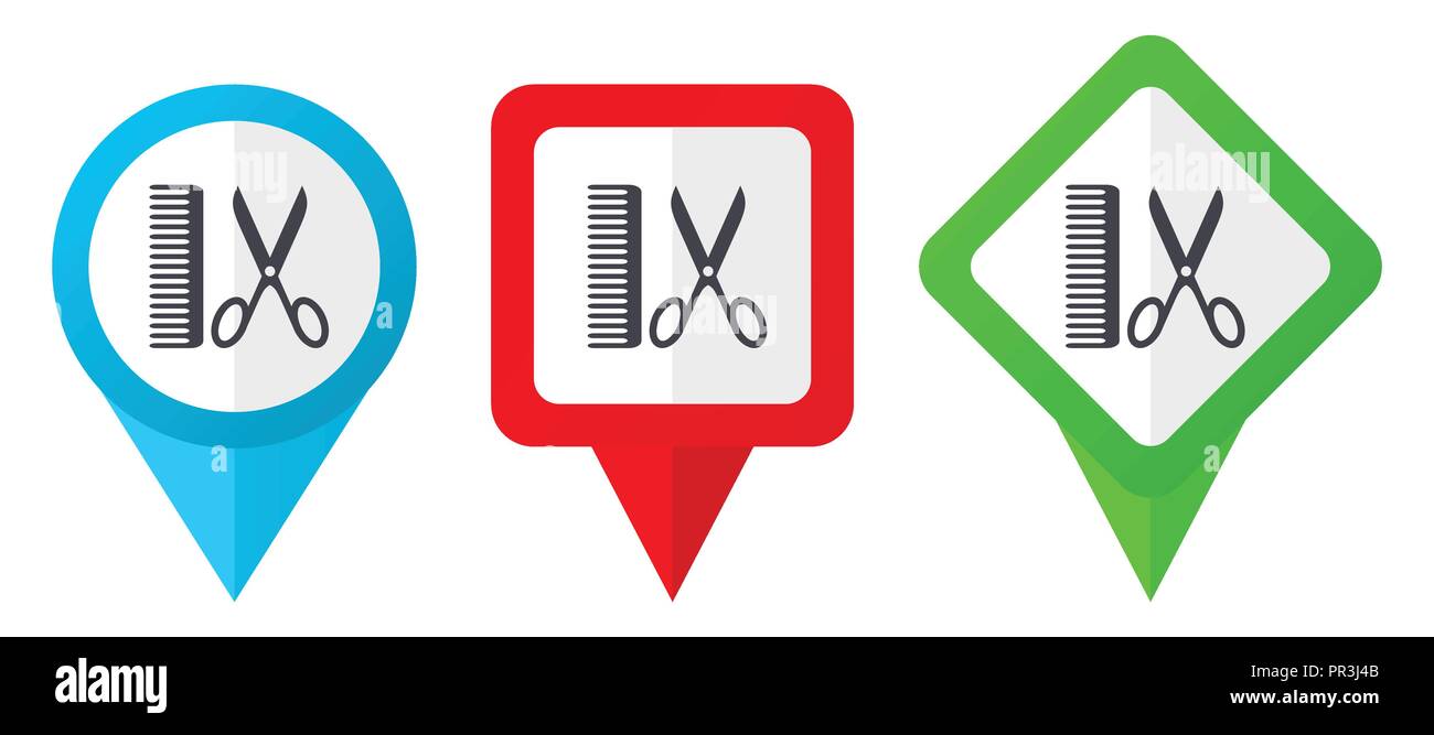 Barber red, blue and green vector pointers icons. Set of colorful ...