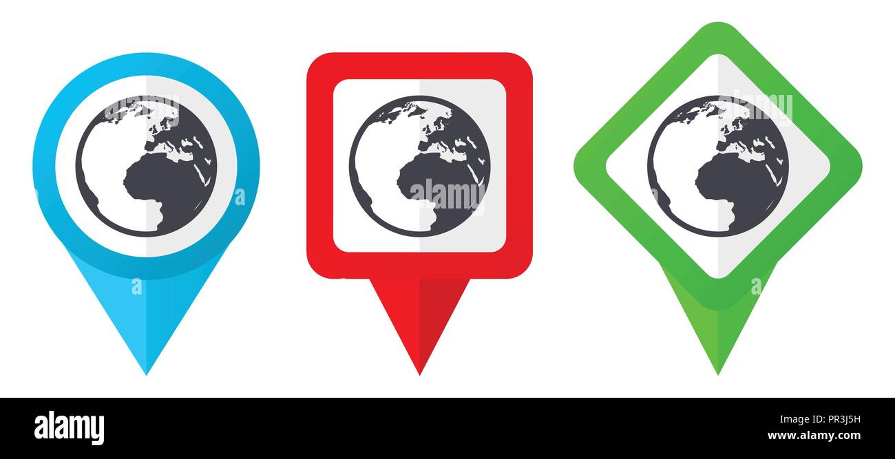 Earth red, blue and green vector pointers icons. Set of colorful ...