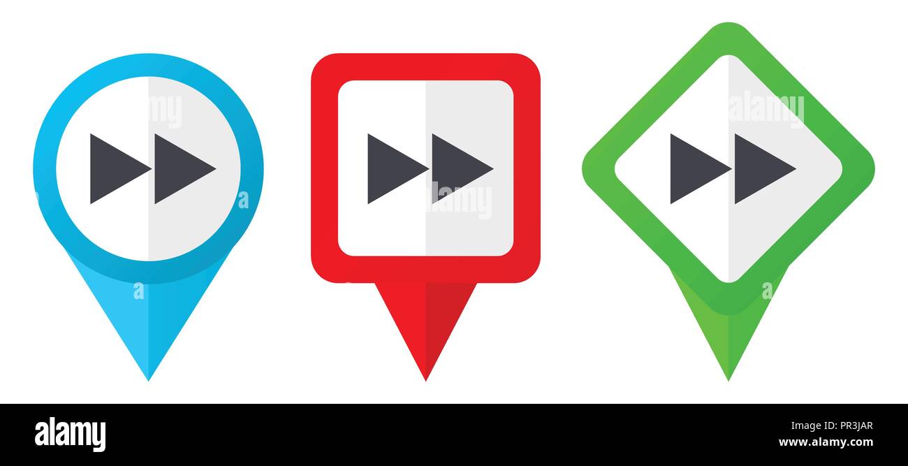 Rewind red, blue and green vector pointers icons. Set of colorful ...