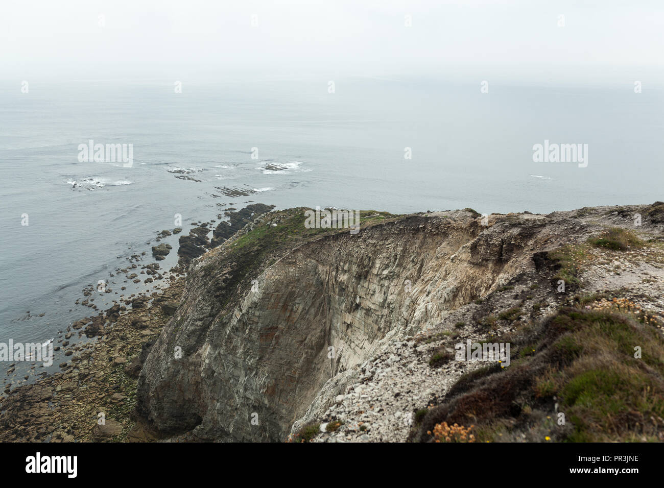 Summer Atlantic rocky coast view Big stony rockfall on precipice shore ...
