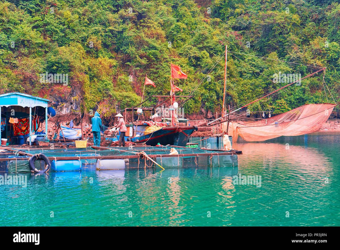 Boat near floating fishing village in Ha Long Bay, Vietnam, Asia Stock ...