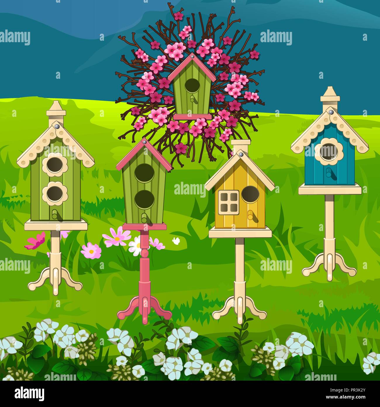 Cute colorful poster with the image of wooden birdhouses. Vector ...