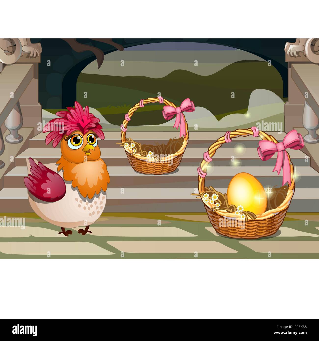 Funny poster with a quirky chicken and a golden egg in a wicker basket ...