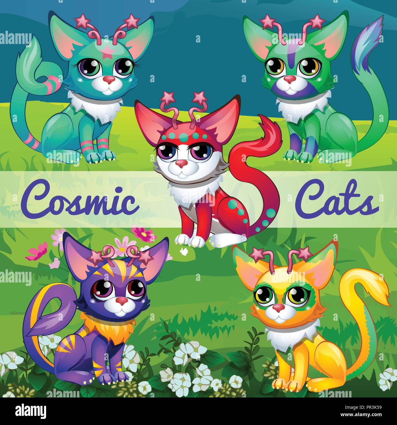 Funny poster with image of cosmic cats. Sample design of placard with ...
