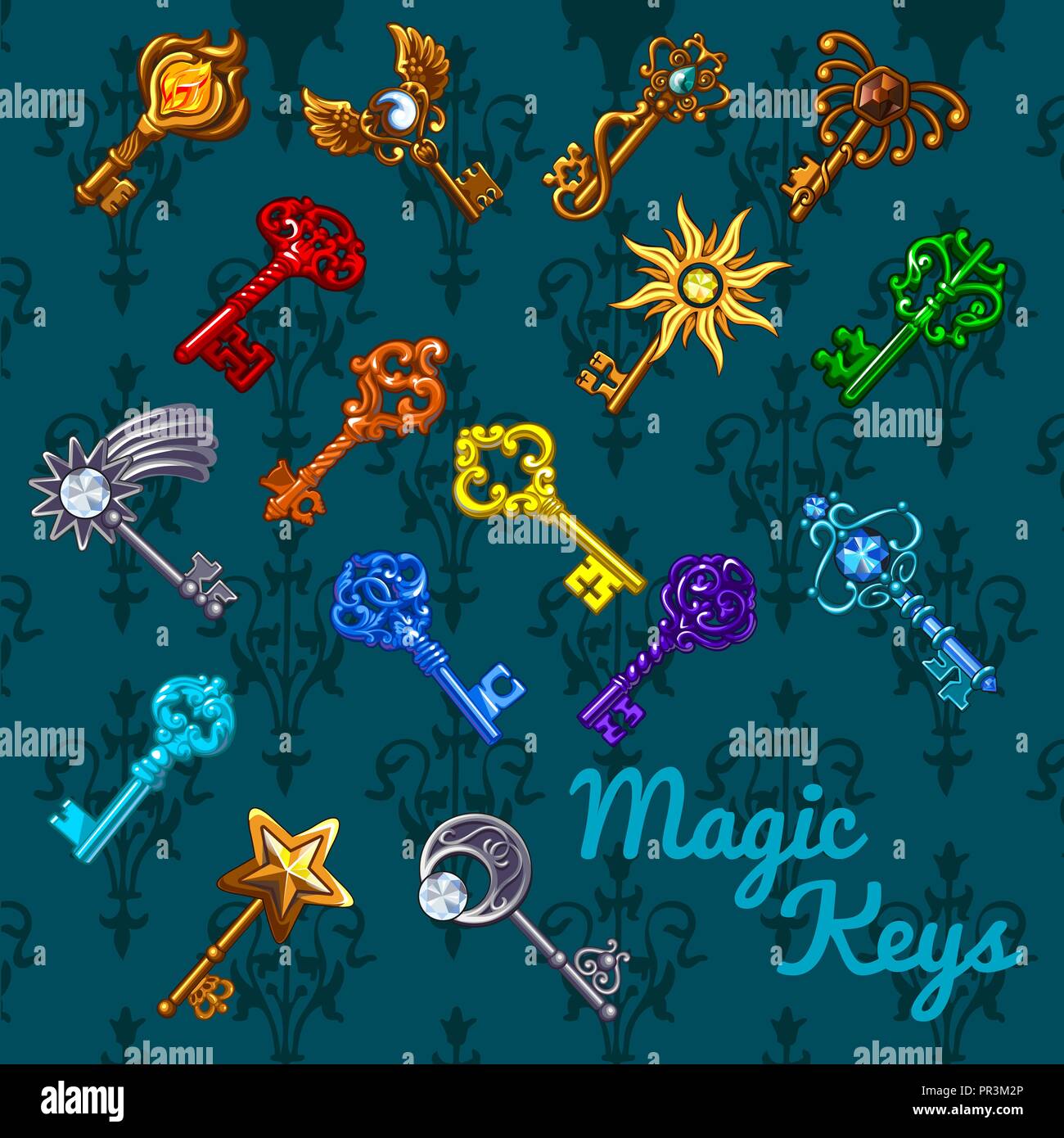 Poster with colorful vintage magic keys isolated on gray background ...