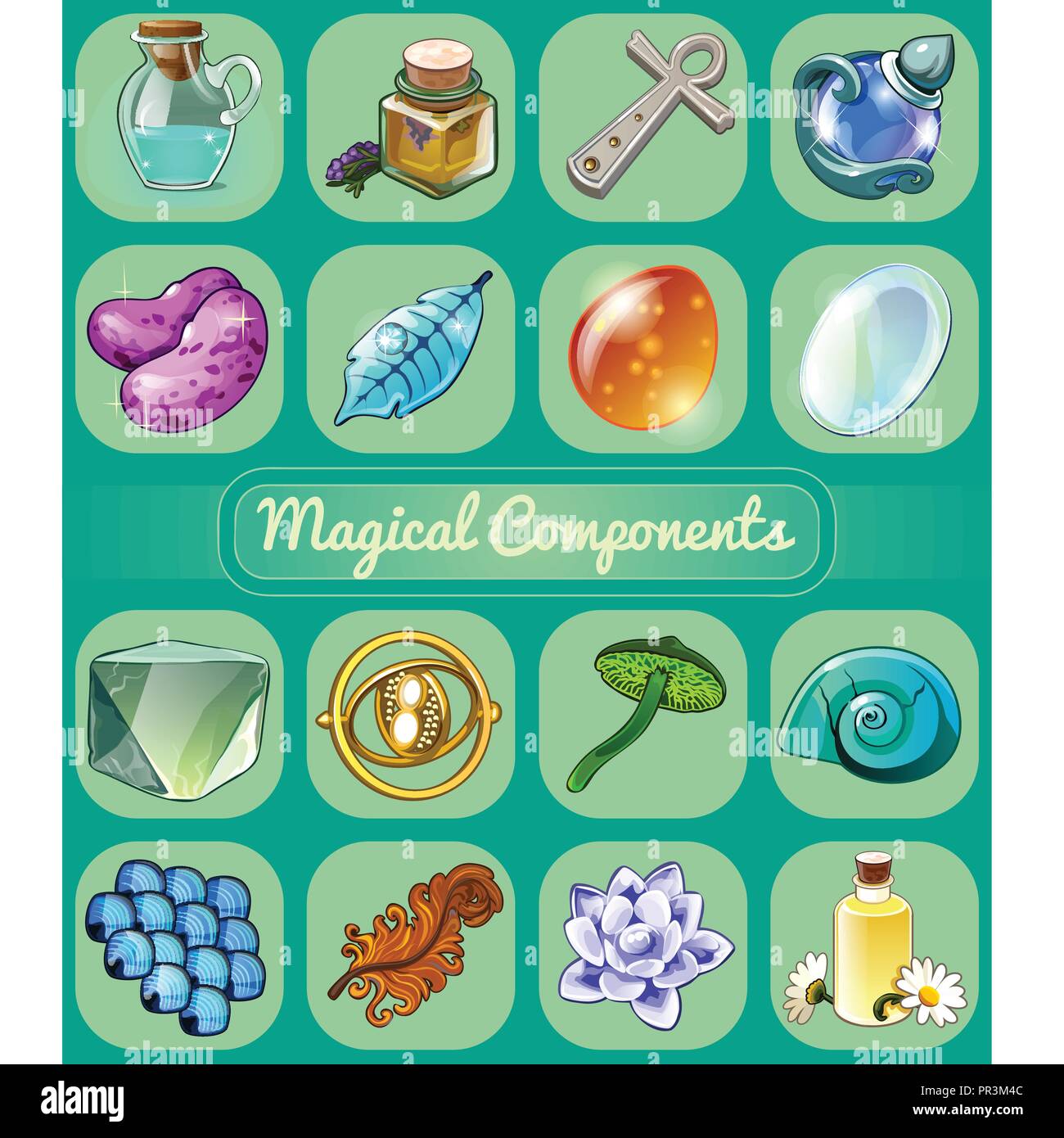 Set of magical items. Sketch for holiday stickers, cards or party ...