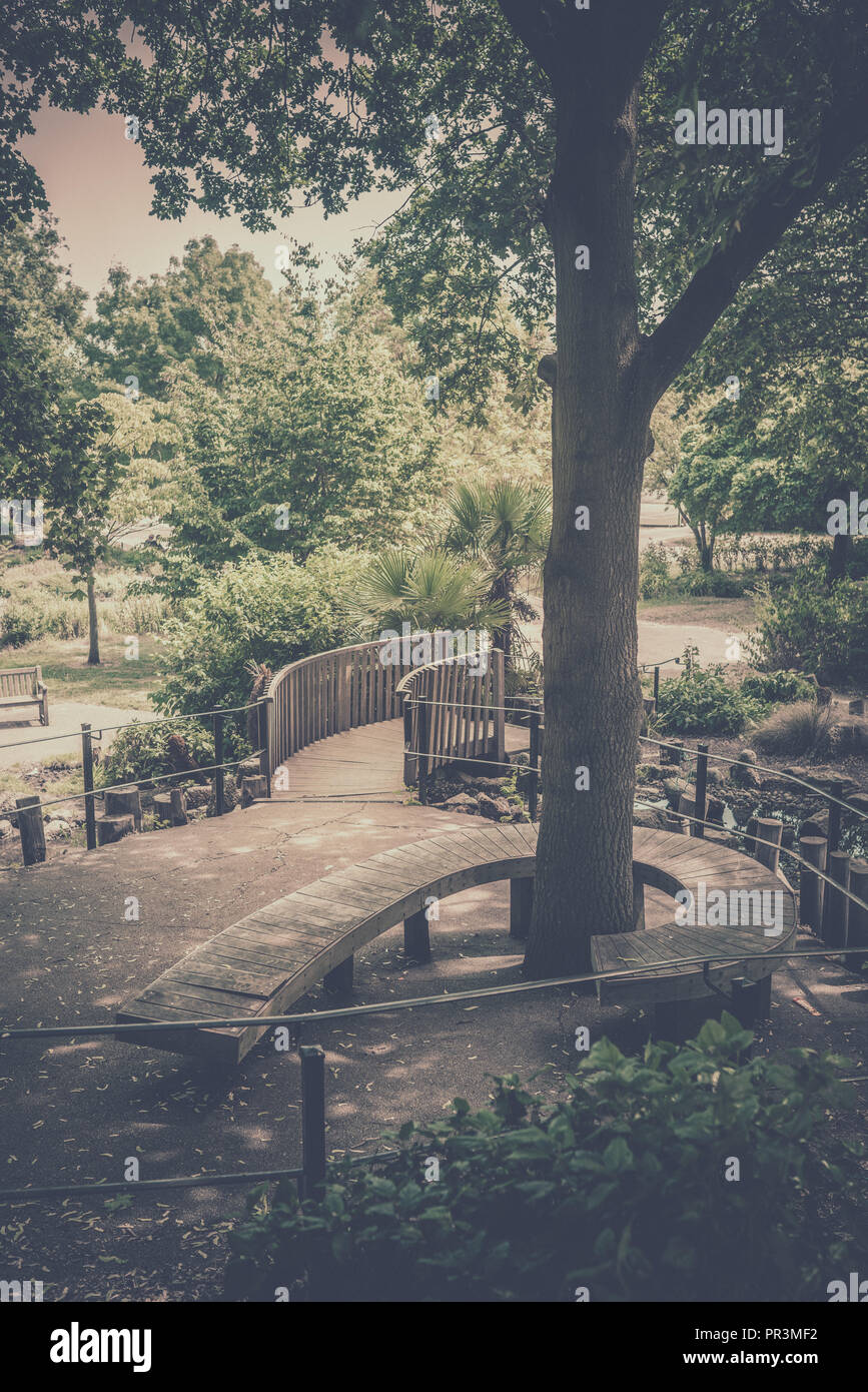 Twisted bench around a tree in a public park in Wimbledon, London Stock ...