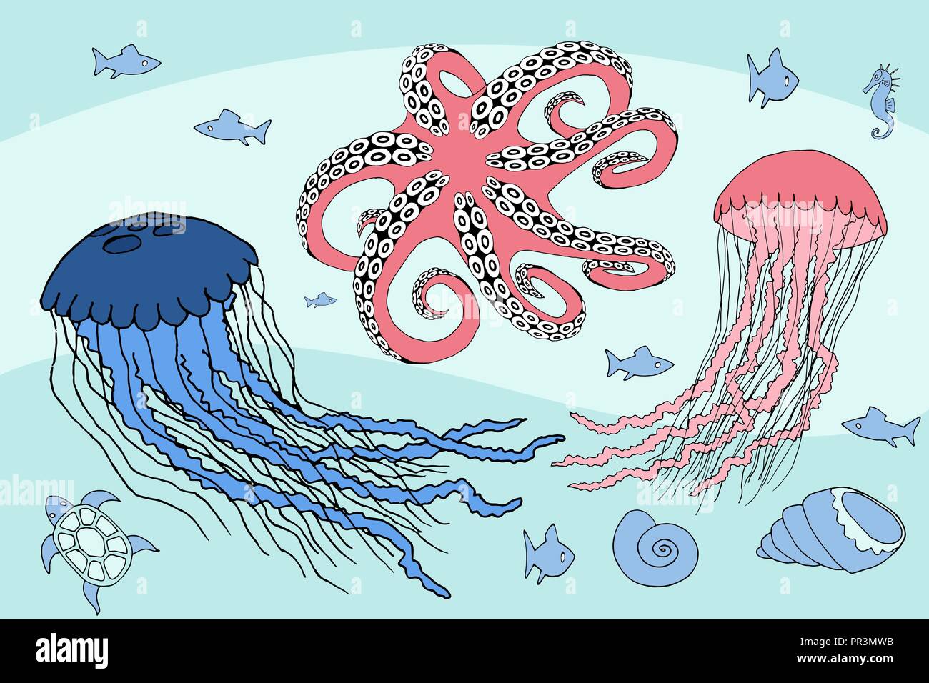 two jellyfish, octopus and sea beasts marine life Stock Vector Image ...
