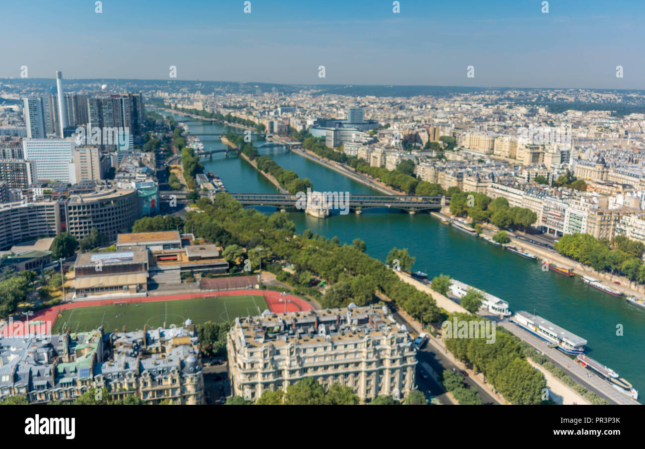 Paris cityscape as seen from second level of eiffel tower with river ...