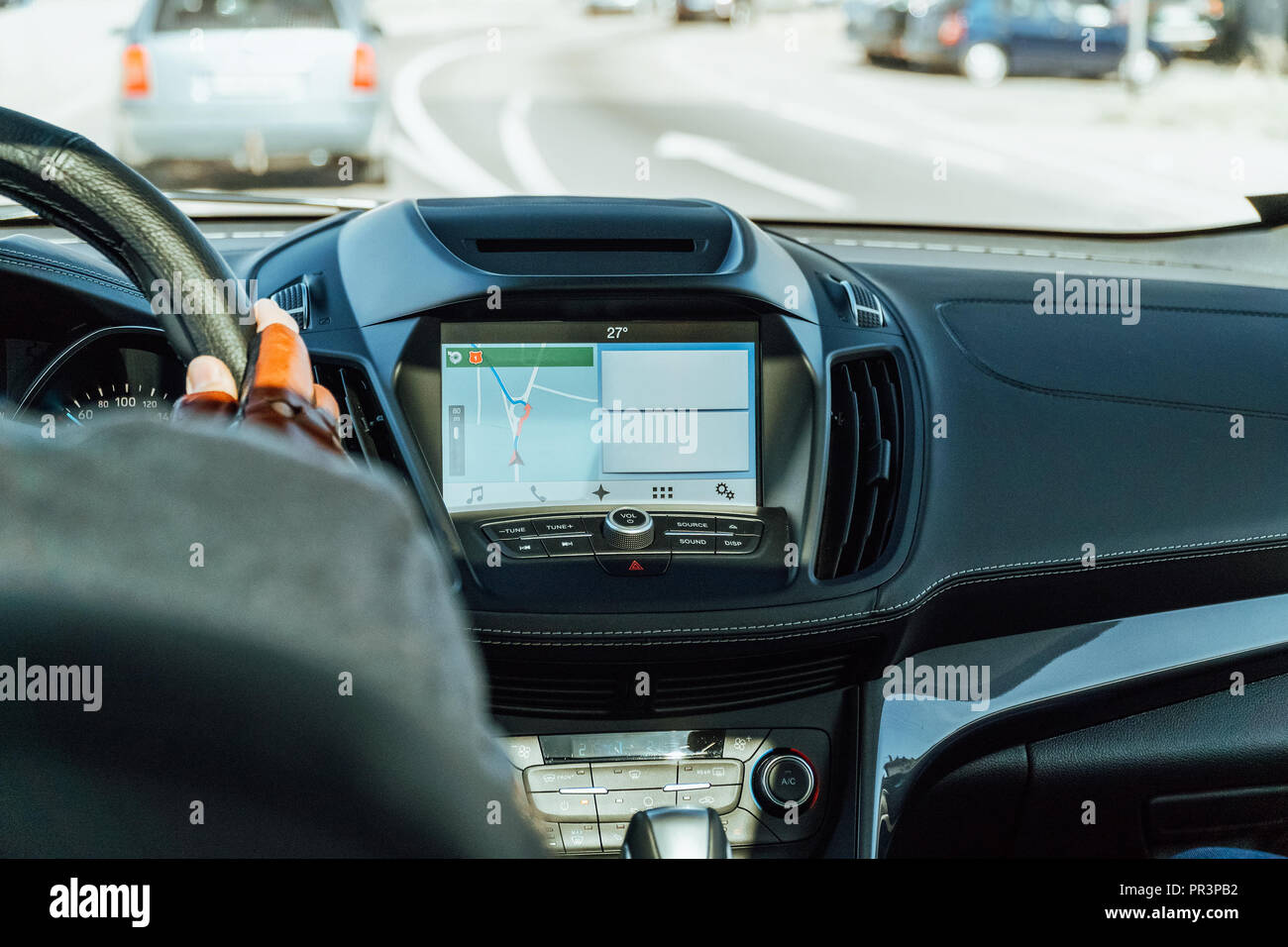 Dashboard View And GPS Map Of Modern Car With Hands Of Man Driver On ...