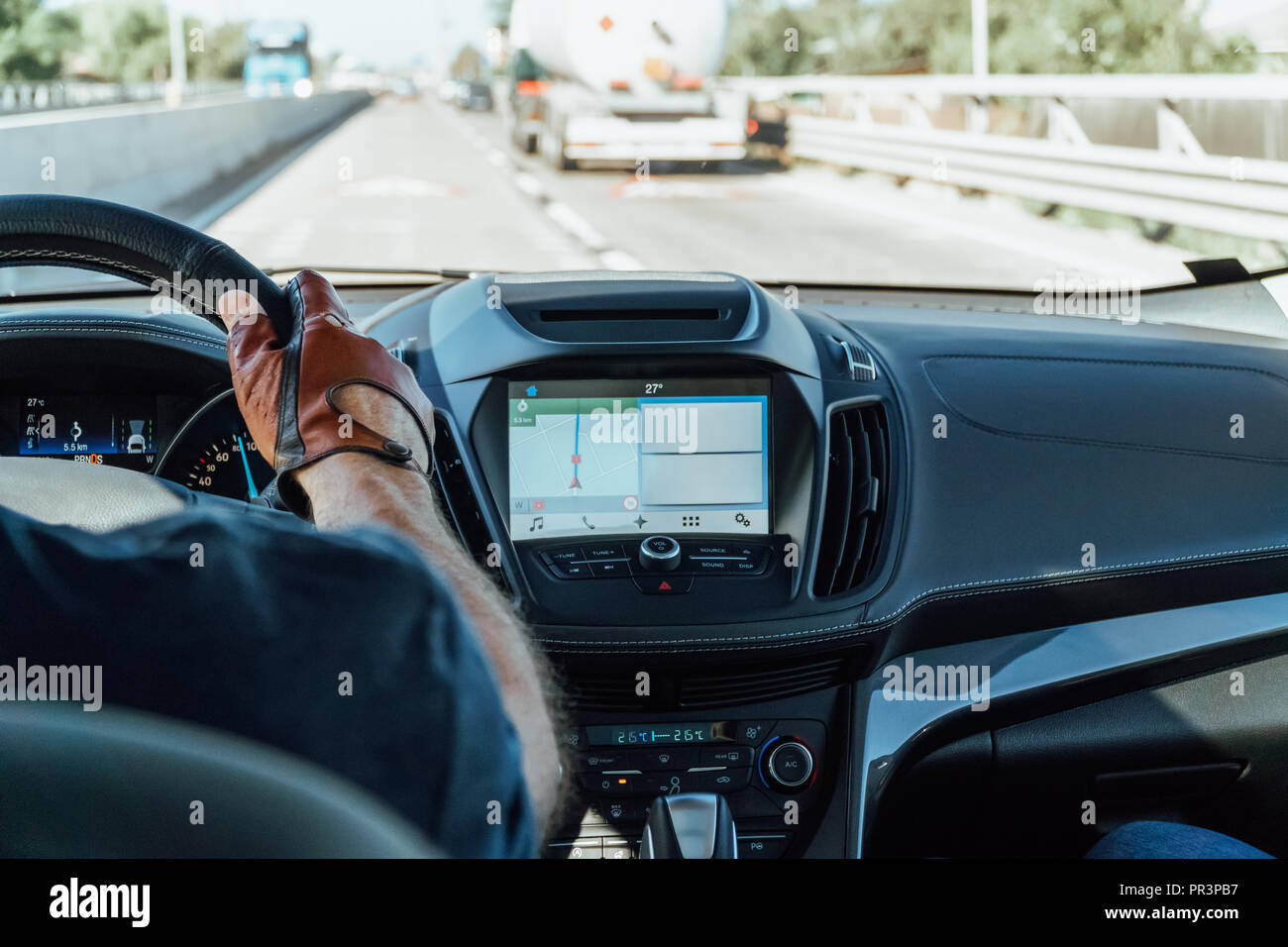Dashboard View And GPS Map Of Modern Car With Hands Of Man Driver On ...