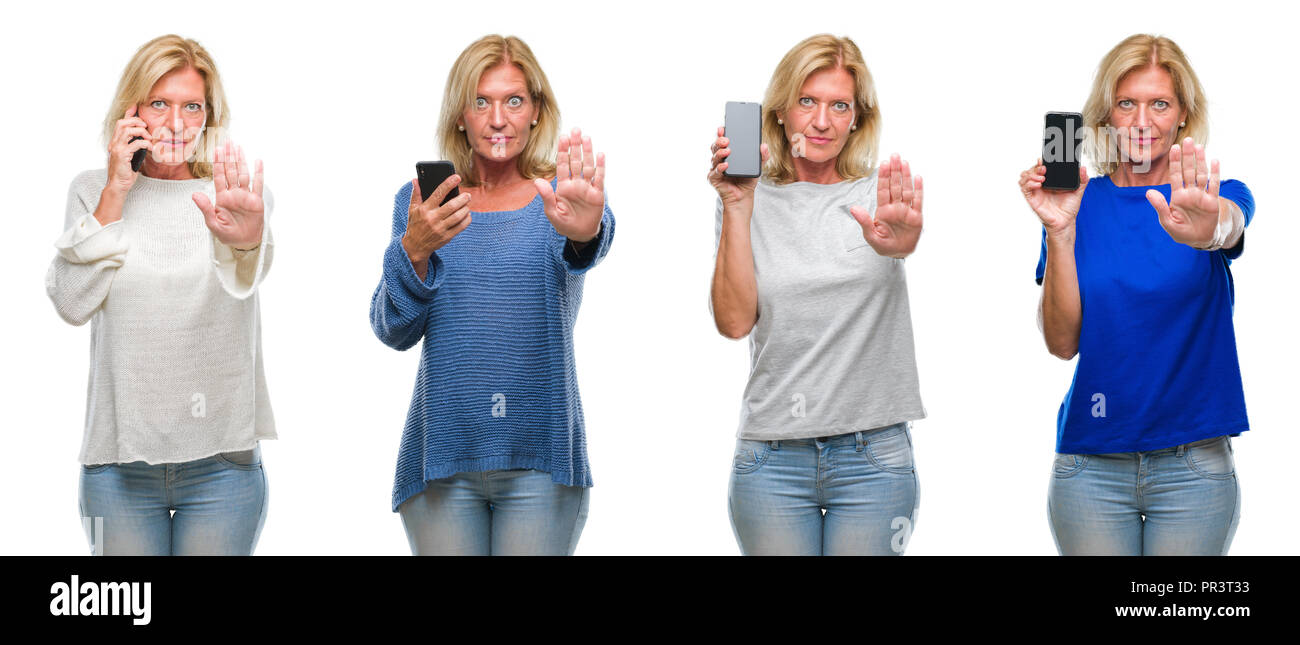 Collage of beautiful middle age blonde woman using smartphone over white isolated backgroud with ...
