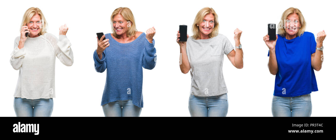 Collage of beautiful middle age blonde woman using smartphone over white isolated backgroud ...