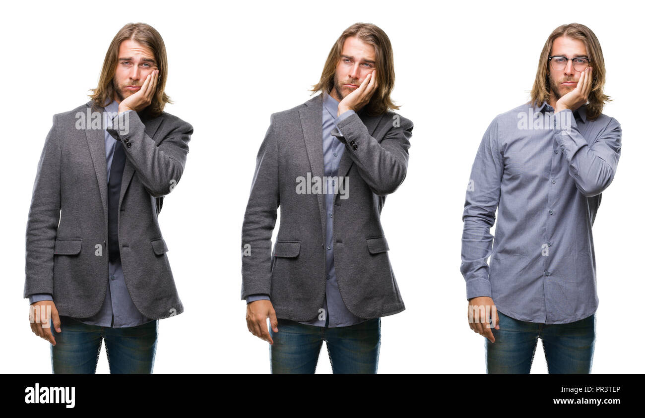 Collage of handsome business young man over white isolated backgroud ...