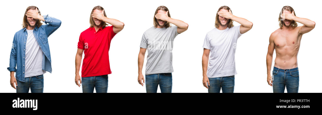 Collage of handsome young man wearing casual look over white isolated ...