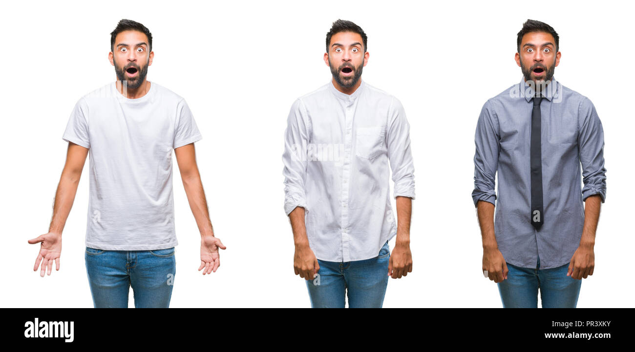 Collage of handsome young indian man over isolated background skeptic ...