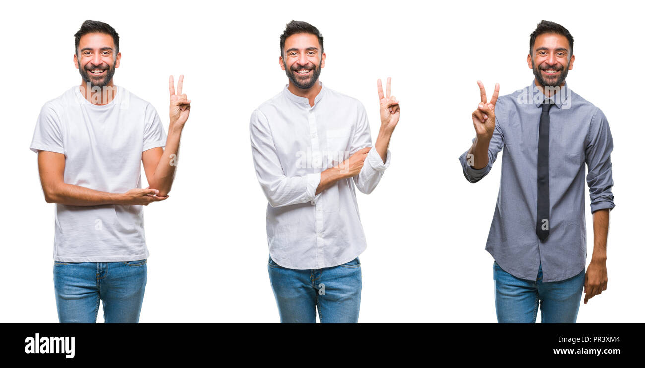 Collage of handsome young indian man over isolated background smiling ...