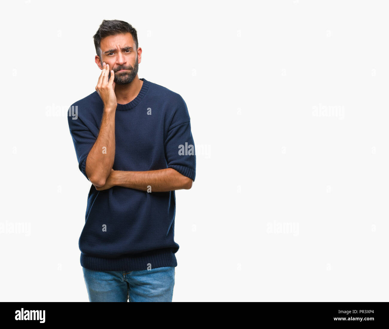 Adult hispanic man over isolated background thinking looking tired and ...