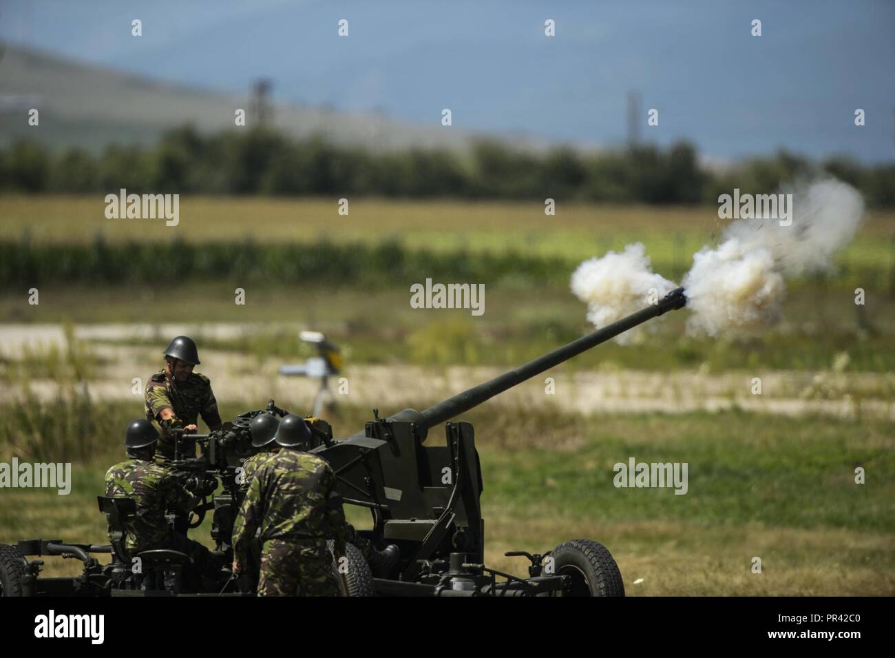 Romanian Airmen demonstrate firing an anti-aircraft gun during an air ...